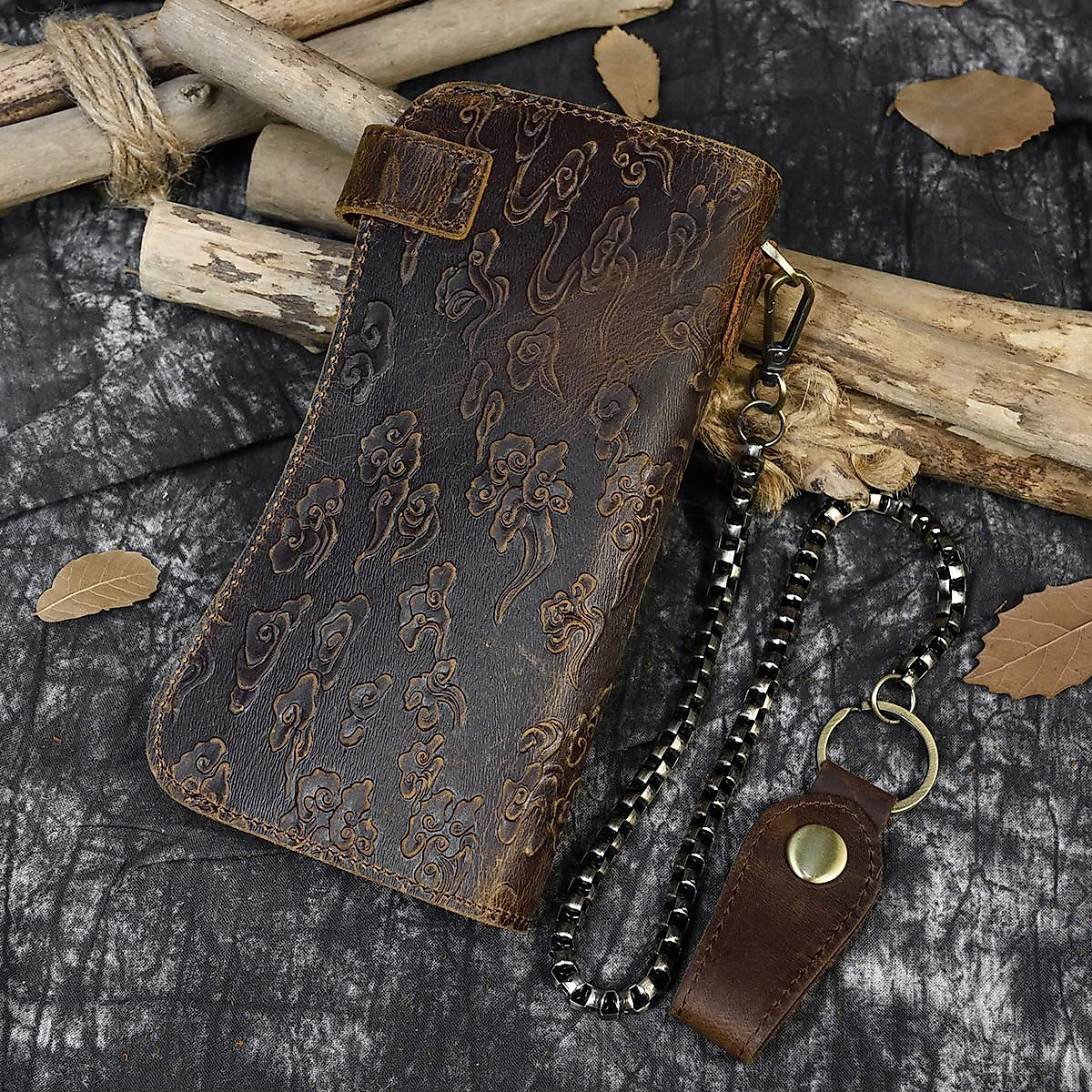 LUUFAN Men's Genuine Leather Long Wallet Chain Wallet Card holder Wallet with Coin Pocket (Dragon)