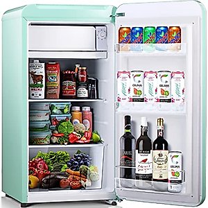 Kismile Retro Mini Fridge with Freezer, 3.2 cu. ft Small fridge with Adjustable Removable Glass Shelves, Mechanical Control, Compact Refrigerator for Office, Dorm, Bedroom (Green)