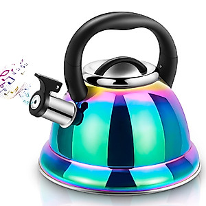 Whistling Tea Kettle for Stovetop, 3.5L Stainless Steel Tea Pot with Cool Ergonomic Folding Handle, Rainbow Induction Kettles for Boiling Water, Mirror Finish…