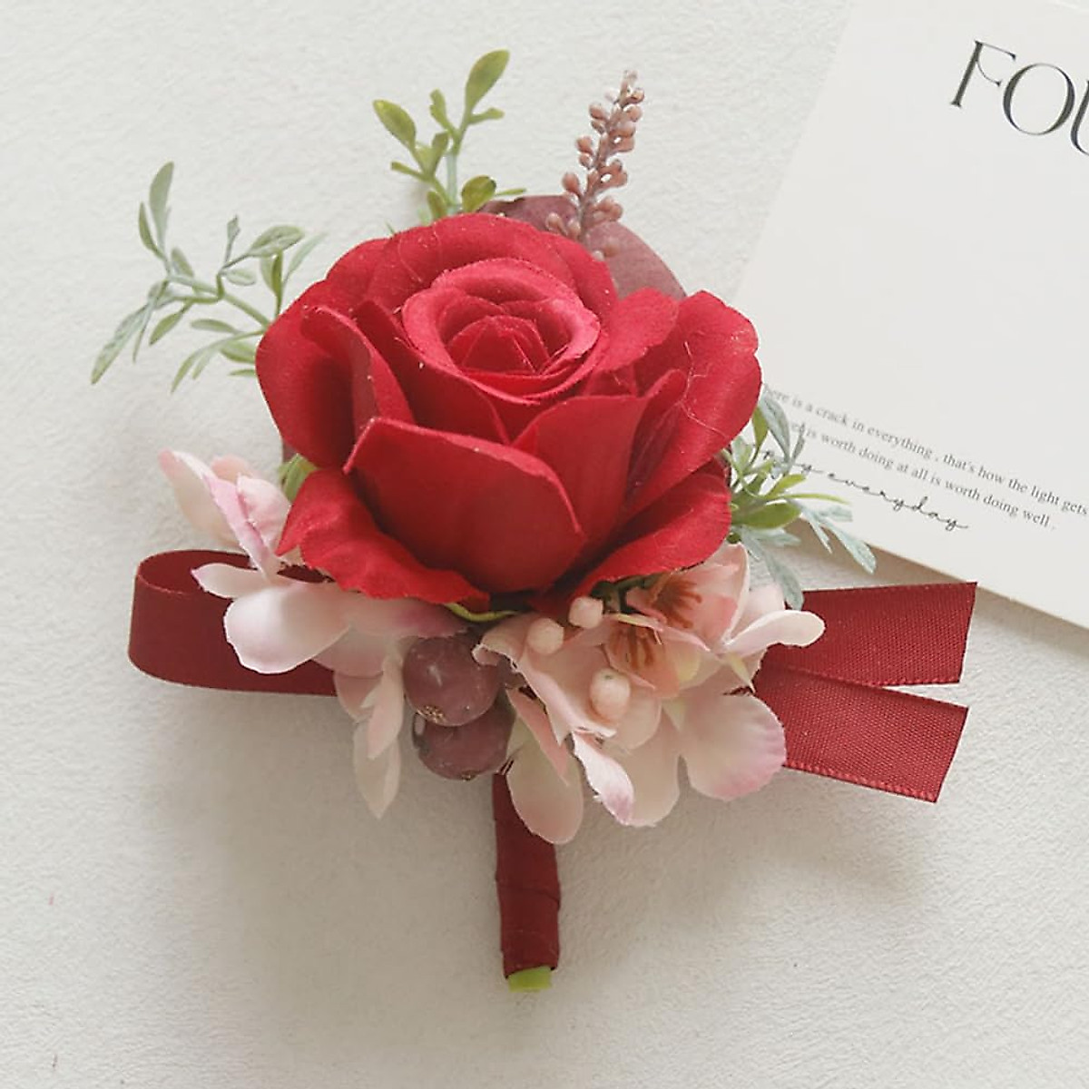 MAFELOE 2 Pieces of Wrist Corsage and Boutonniere Set, Artificial Flowers Accessories Suit Decor for Wedding Prom Party Homecoming Ceremony Anniversary -Red+Pink