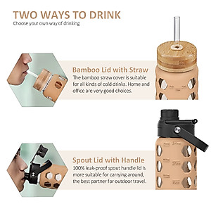 MUKOKO 32oz Glass Water Bottles with 2 Lids-Handle Spout Lid&Bamboo Straw Lid, Motivational Water Tumbler with Time Marker Reminder and Silicone Sleeve, Leakproof-Amber-1 Pack