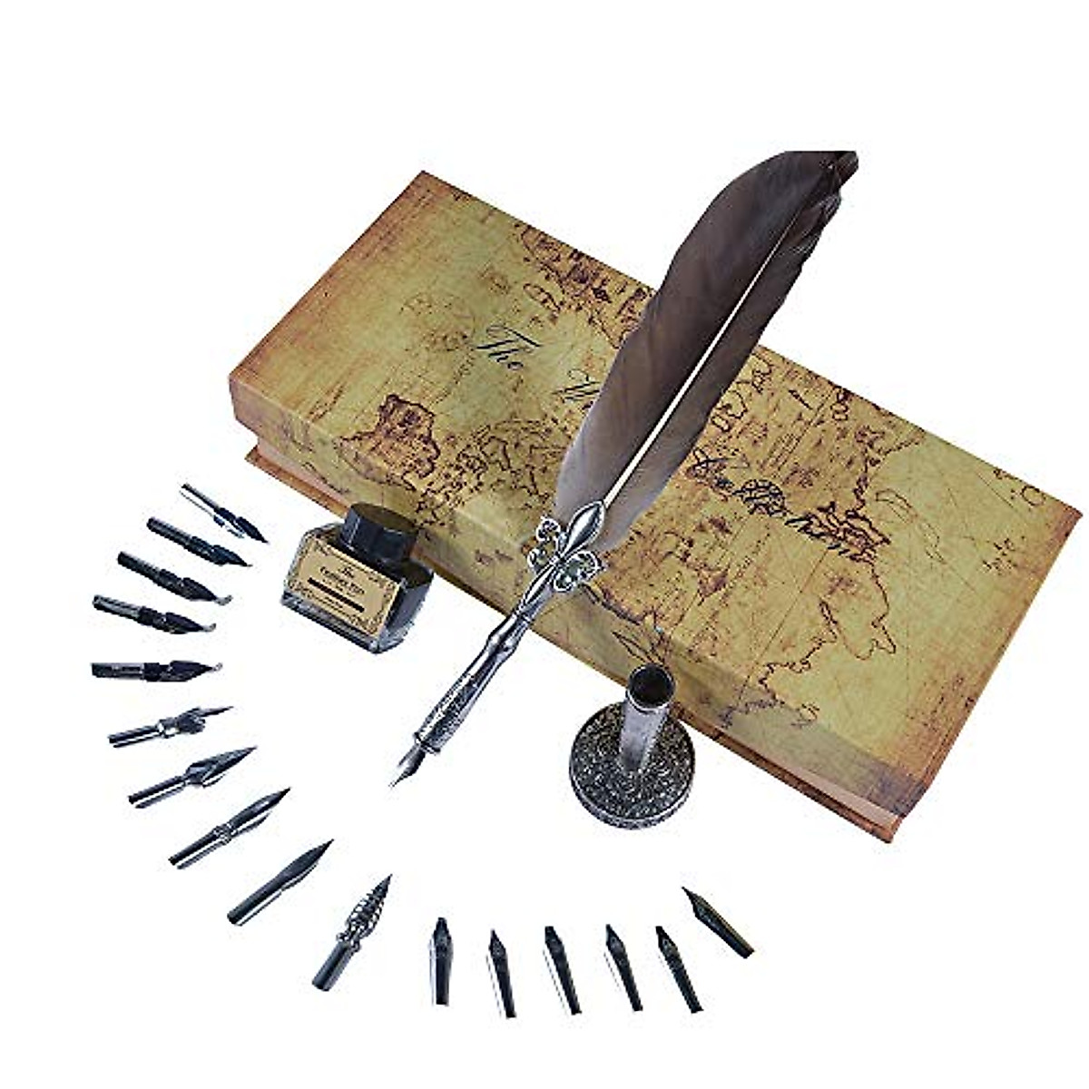 AIVN Calligraphy Pen - Antique Feather Quill with 17 nibs - Writing Case with Black Ink