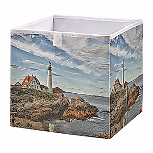 KEEPREAL Cape Elizabeth Lighthouse Basket Bin Large Storage Basket Toy Basket Cube Storage Basket Clothes Basket Decorative Basket for Home Office