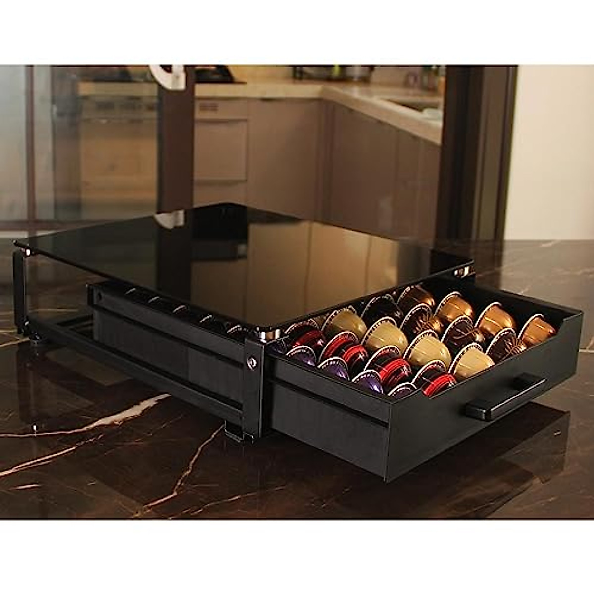 Vertuo Pod Holder Drawer with Deluxe Black Tempered Glass Top, Compatible for Nespresso VertuoLine Pods, Holds up to 75 Small or 50 Big Vertuo Pods Compact Design (Matte Black)