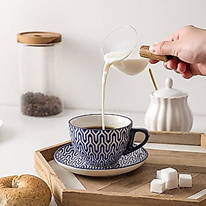 Selamica Ceramic 8 oz Cappuccino Cup Set with Saucers, Espresso Coffee Cups, Latte Macchiato for Party Cafe Home, Christmas Gift, Set of 6, Vintage Blue