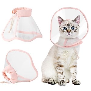 BENCMATE Cat Cone, Drawstrings Cat Cone Collar with Low Noise Fasteners, Transparent Cat Recovery Collar, Licking and Scratching Free Cone, Extra Soft Cat Surgery Collar (Pink,Small)