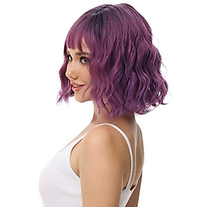 Rose bud Wavy Bob Wig with Bangs Natural Ombre Purple Wig Synthetic Hair Shoulder Length Short Curly Wigs for Women