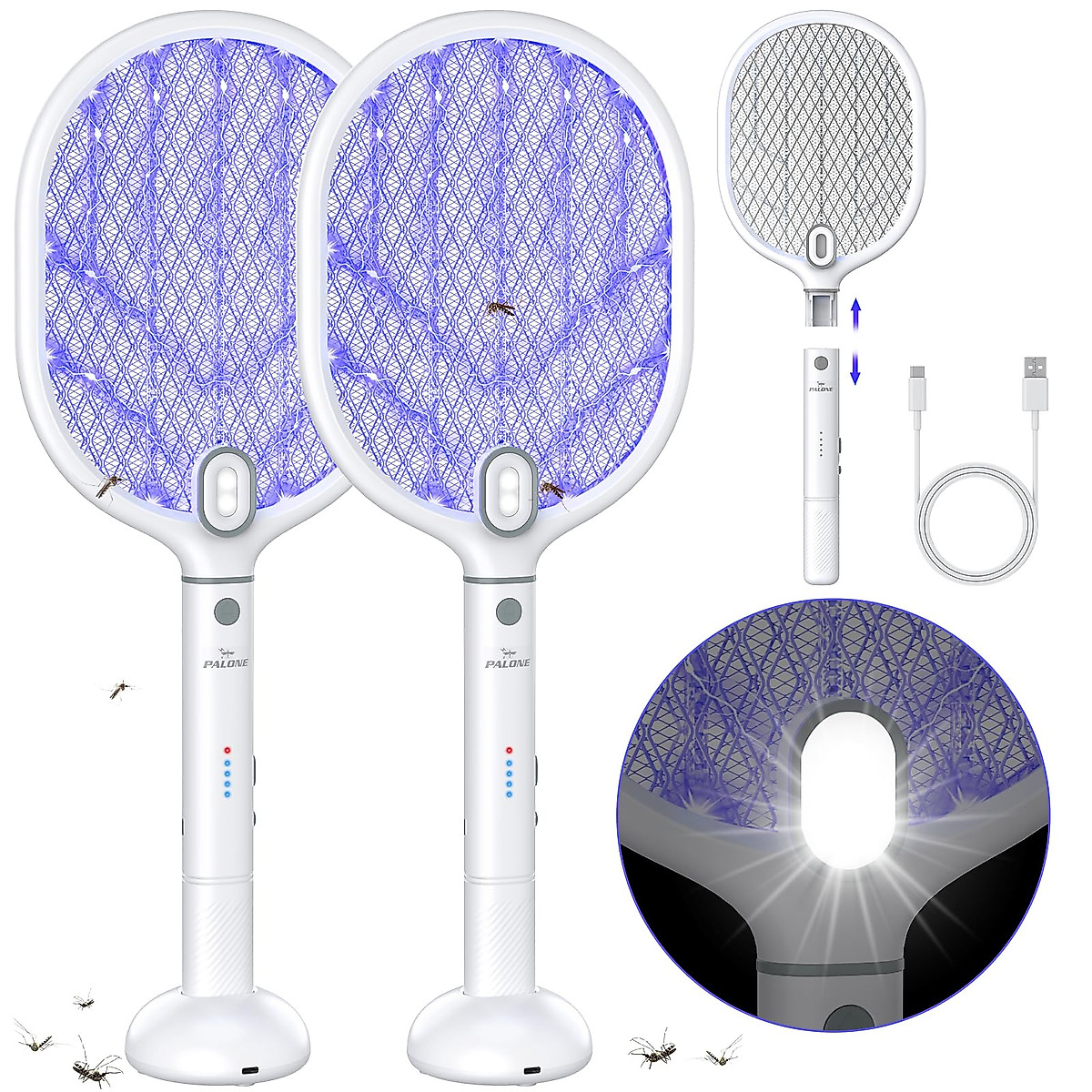 PALONE Electric Fly Swatter Rechargeable, Electric Bug Zapper Racket with Light, Mosquito Swatter, 4000V Detachable Dual Modes Fly Zapper, Mosquito Killer for Indoor Outdoor 2 Pack