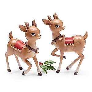 One Holiday Way 8-Inch Set of 2 Vintage Decorative Baby Reindeer Figurines w/Collars, Red Blankets, Gold Bells - Cute Christmas Deer Statuette Mantel Shelf Tabletop Decoration - Retro Xmas Home Decor