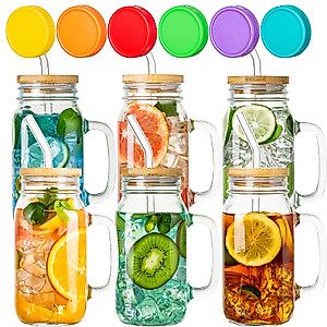 wookgreat Mason Jars with Handle, 6 Pack 24oz Mason Jar Drinking glasses with lid and straw, Mason Jar Cups, Regular Mouth Mason Jar mugs for Iced Coffee, Smoothie, Airtight Lids for Food Storage