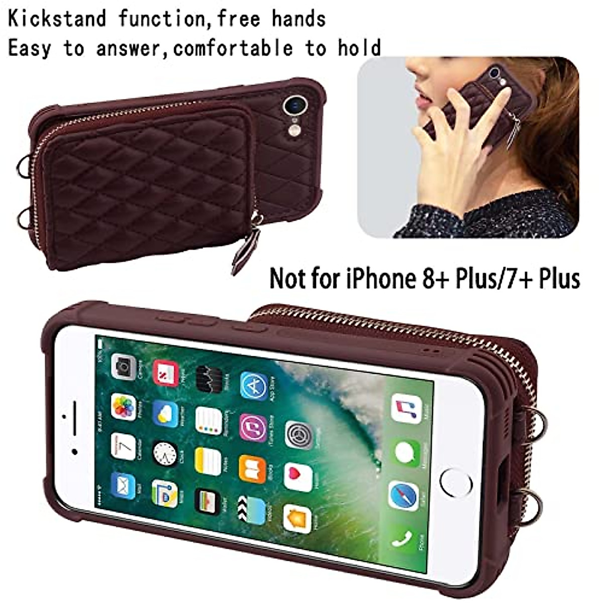 MONASAY Zipper Wallet Case for iPhone SE 2022/2020/8/7,[Glass Screen Protector ][RFID Blocking] Flip Leather Handbag Phone Cover with Card Holder & Crossbody Lanyard Strap, Burgundy