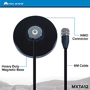 Midland – MXTA12 MicroMobile Antenna Mag Mount with NMO Connector and 12 Foot Cable – Compatible with MXT105, MXT115, MXT275, MXT400, MXT500, and MXT57