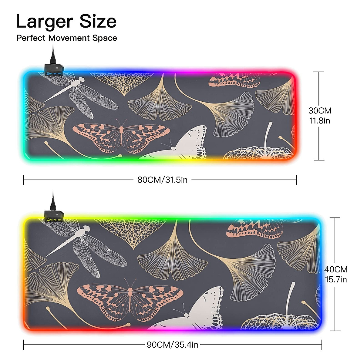 Large RGB Gaming Mouse Pad Floral Pattern Ginkgo Leaves Glowing Extended Mousepad 35.4x15.7in, Soft Anti-Slip Rubber Base Luminous Mouse Mat for Pc Laptop, Gaming, Office, Home
