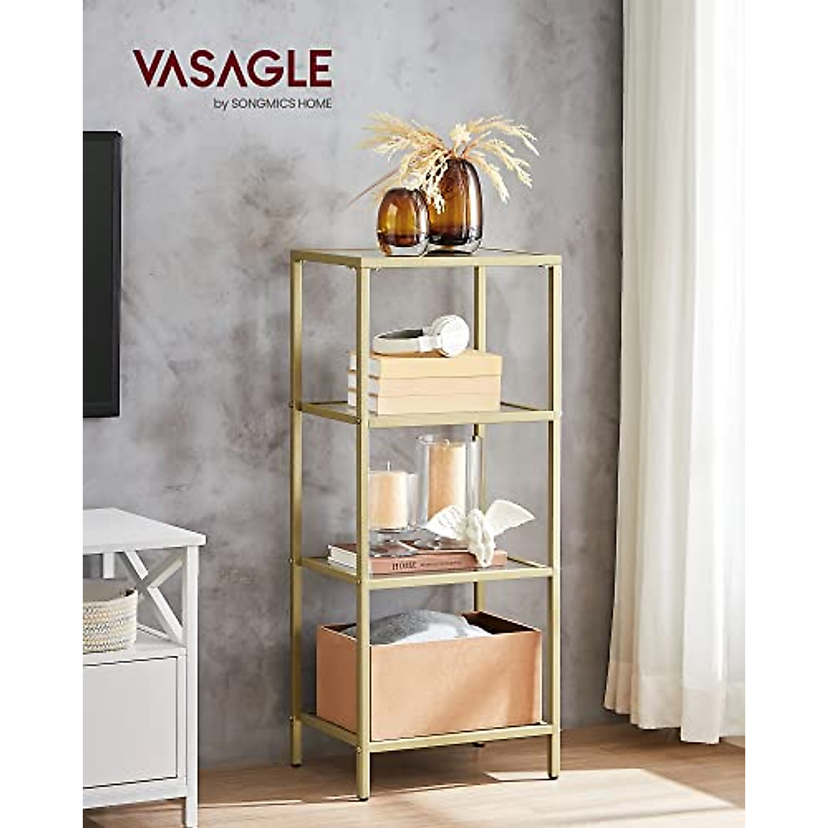 VASAGLE Bookcase, 4-Tier Bookshelf, Slim Shelving Unit for Bedroom, Bathroom, Home Office, Tempered Glass, Steel Frame, Gold Color ULGT28G