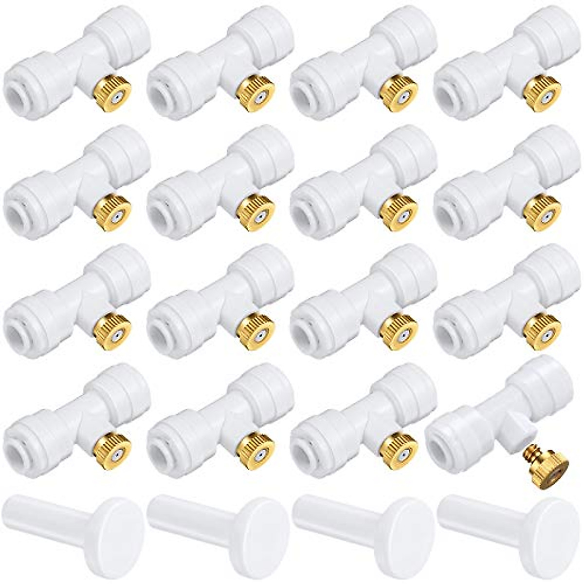 16 Pieces Brass Misting Nozzles Kit Atomizing Nozzle Kit 0.4 mm Orifice 2 Points 1/4 Inch Lock Misting Nozzles with 4 Pieces Plug for Patio Misting System Outdoor Cooling System Garden Water