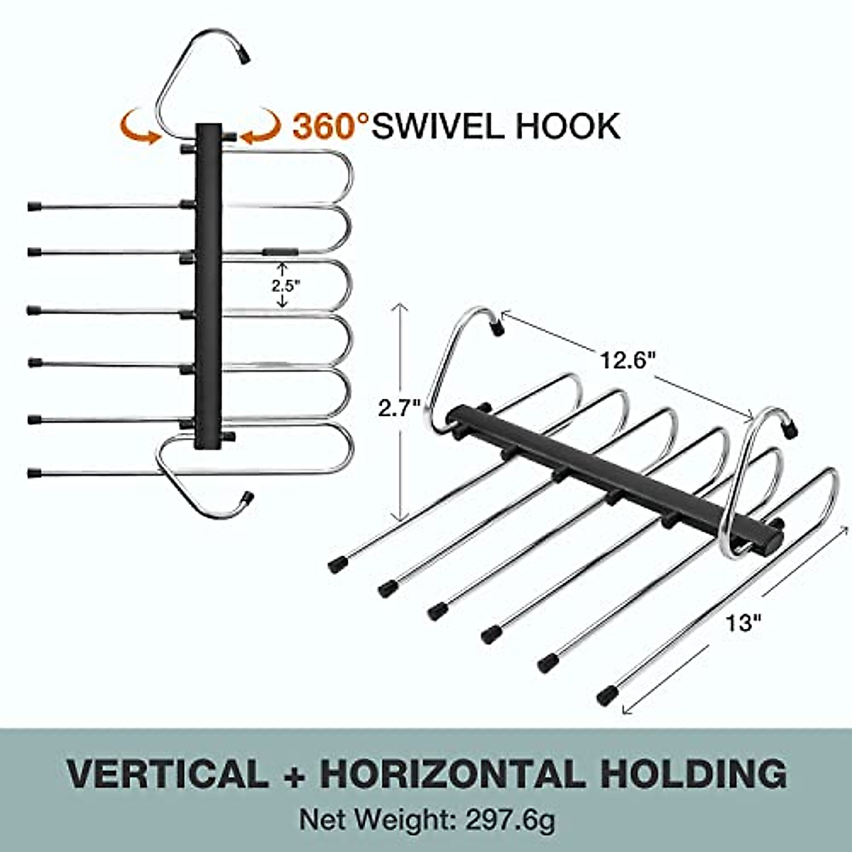 Pants Hangers Space Saving Collapsible Multiple Pants Hangers for Closet Stainless Steel 6 in 1 Trousers Hangers 360°Swivel Clothes Hangers Storage Organizer for Pants Jeans Scarf (1 Pack-6 Layers)