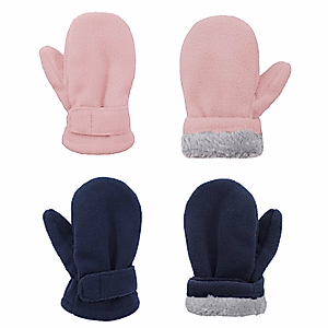 2 Pairs Toddler Mittens Unisex Lined Fleece Gloves Winter Warm kids Mitten for Baby Boys and Girls Navy&Pink