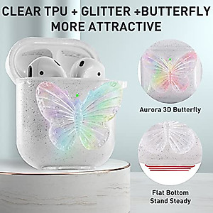 Aiiko 3D Butterfly Airpod Case with Keychain Clear Glitter Airpod Gen 2 Case for Women Girl Soft TPU Shockproof Protective Compatible Apple AirPods 1st 2nd Generation Charging Case