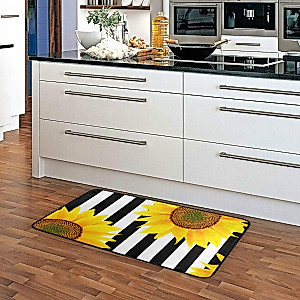 susiyo Kitchen Mat Sunflowers on Black and White Striped Kitchen Rug Mat Anti-Fatigue Comfort Floor Mat Non Slip Oil Stain Resistant Easy to Clean Kitchen Rug Bath Rug Carpet for Indoor Outdoor Door