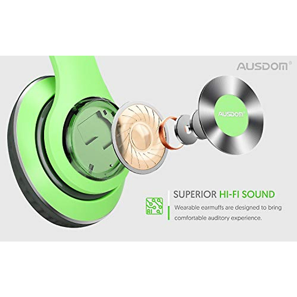 AUSDOM Lightweight Over-Ear Wired HiFi Stereo Headphones with Built-in Mic Comfortable Leather Earphones Noise Isolating Adjustable Deep Bass for iPhone iPod iPad Macbook MP3 Smartphones Laptop- Green