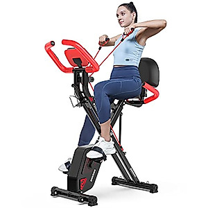 pooboo Folding Exercise Bike, Foldable Fitness Stationary Bike Machine, Upright Indoor Cycling Bike, 4-in-1 Magnetic X-Bike with 8-Level Adjustable Resistance, Bottle Holder, Arm Resistance Bands, Pulse Sensor & Back Support Cushion for Home Gym Workout (