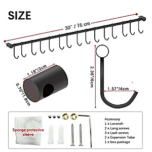 OKEPOO 304 Stainless Steel Kitchen Utensil Hanger - 30 Inch Wall Mount with 10 Noiseless Sliding Hooks, Pots and Pans Hanging Rack, Organizer Storage Perfect for Organizing Cooking Tools, Black