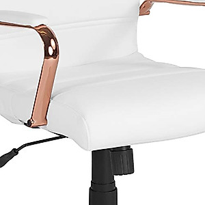 Flash Furniture Whitney Mid-Back Desk Chair - White LeatherSoft Executive Swivel Office Chair with Rose Gold Frame - Swivel Arm Chair