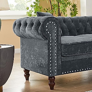 LSKTGA Velvet Convertible Sectional Sofa, Classic Chesterfield L-Shaped Sofa, with Deep Button Tufted Upholstered Roll Arm, 3 Pillows Included, Solid Wood Gourd Legs, Grey