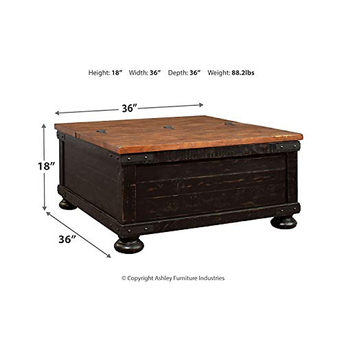 Signature Design by Ashley Valebeck Farmhouse Lift Top Coffee Table with Storage, Distressed Brown & Black Finish, 36 in x 36 in x 18 in