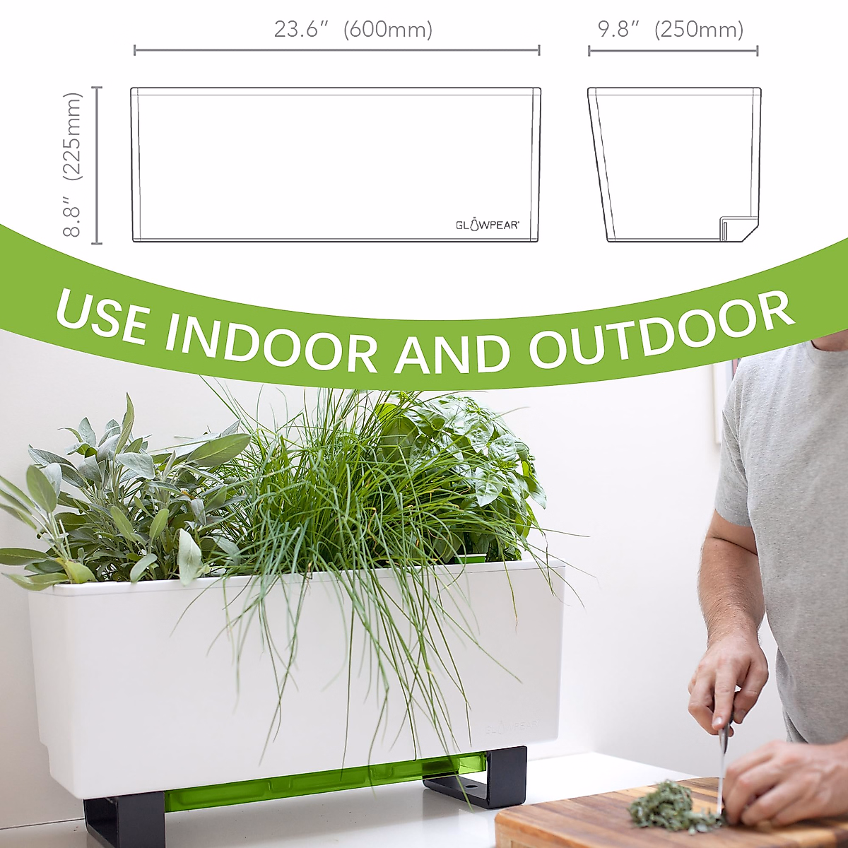 Glowpear Self Watering Planter Box - 23.6", White - UV Stable, Scalable Plant Pot with Water Gauge, Indoor Outdoor for Vegetables, Flowers, Herbs, and Succulents, Gardening