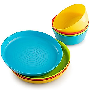 Plaskidy Kids Plastic Plates and Bowl Set - 4 Kids Bowls and 4 Kids Plates in Fun Bright Colors for Toddlers and Kids - Plastic Plates Reusable Dishwasher & Microwave Safe BPA Free for Kids & Toddler