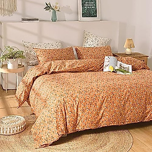 Lekesky Cotton Duvet Cover Queen Size - 100% Washed Cotton Orange Pattern Floral Duvet Cover for All Season, Soft and Breathable Bedding Set with Zipper Closure & Corner Ties