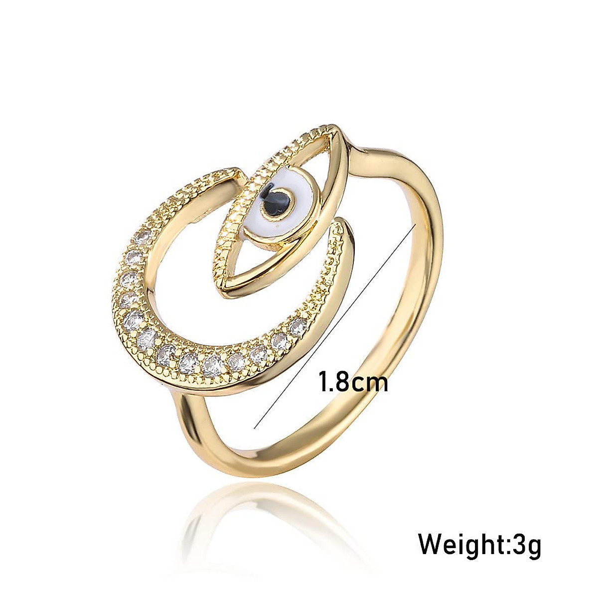 18K Gold Plate Open Ring Moon Star Evil Eye Stainless Steel One Size Adjustable Band Cubic Zircon Ring Jewelry (Moon & Evil Eye)