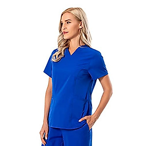 PuriPure Women Scrubs Top V-Neck Athletic Workwear Uniform 4-Way Stretch V-Neck Scrub Top with 2 Pockets (XX-Large, Galaxy Blue)
