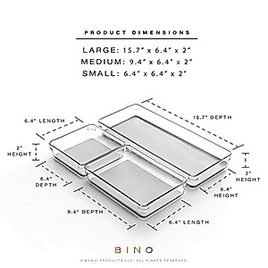 BINO | 3-Piece Drawer Organizer Bin Set - Grey, Large | THE MODULAR+ | Multi-Purpose Storage | Soft-Grip Lining and Non-Slip Rubber Feet | Durable | BPA-Free | Desk Drawer Organizer | Vanity Organizer