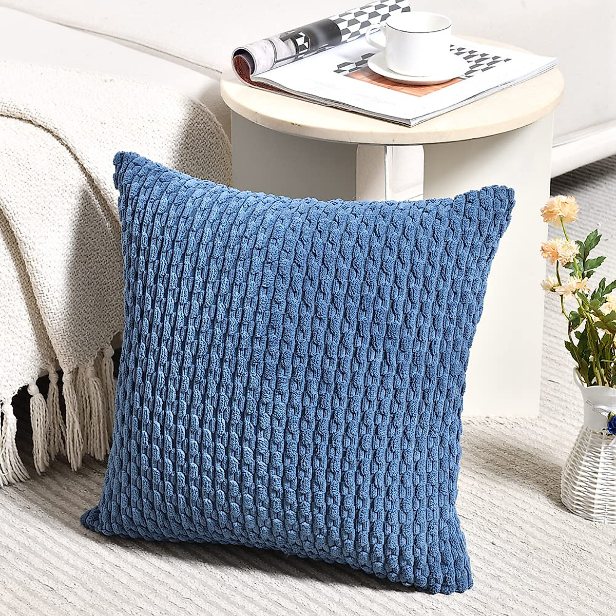 Fancy Homi 2 Packs Dusty Blue Decorative Throw Pillow Covers 18x18 Inch for Couch Bed Sofa, Modern Farmhouse Boho Home Decor, Soft Cute Plush Corduroy Cushion Case 45x45 CM