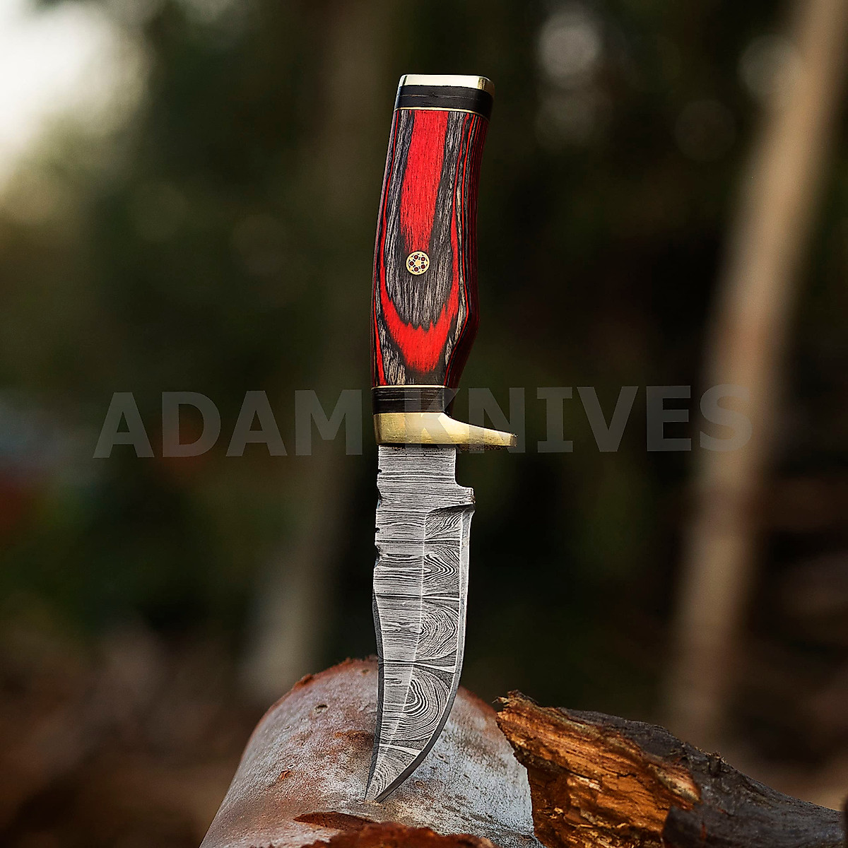 ADAM KNIVES Handmade Damascus Steel Hunting Knife | Skinning Knife | Skinner Knife | 102 Woodsman Fixed Blade Hunting Knife With Leather Sheath | Unique Gift (Red & Black)