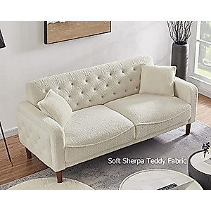 Aoowow Teddy Fabric Sofas and Couches 78 Inches Long, Mid Century Modern Couch Tufted Back Sofa with 2 Throw Pillows, Armrest and Wooden Legs for Living Room, Apartment, Bedroom (Beige)