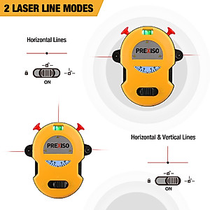 PREXISO Multi Surface Laser Level LED Light Vial, 30Ft Horizontal & Vertical Line Laser with Wall Mount Base, 2 Pins, 10 Sticker, 2 AA Batteries for Hanging Frames & Picture, Construction Wall Writing