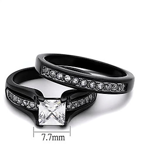 Marimor Jewelry 2.10 Carat Princess Cut Zirconia Black Stainless Steel Wedding Ring Set Womens Size 6