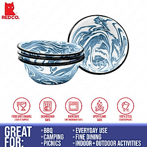 Red Co. Set of 4 Enamelware Metal Classic 20 oz Round Cereal Bowl, Navy Blue/Black Rim - Swirl Design