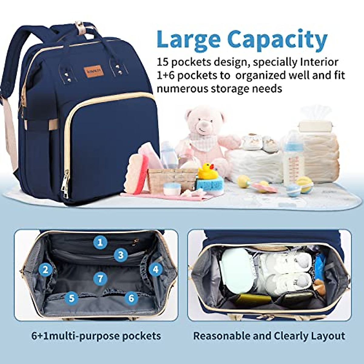 KUWANI Diaper Bag Backpack, Multifunction Travel Baby Changing Bag for Dad/Mom, Large Unisex Diaper Backpack, Waterproof Diaper Bag with Stroller Straps, Baby Registry Search(Navy Blue)