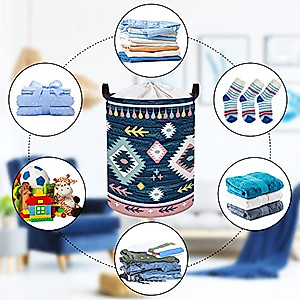 Clastyle 45L Waterproof Blue Geometric Boho Tassel Laundry Baskets Collapsible Storage Laundry Hamper with Drawstring for Clothes, 14.2 * 17.7 in