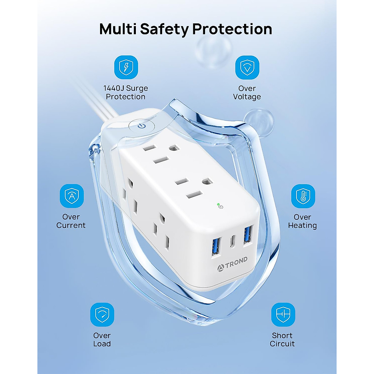 TROND Flat Extension Cord, 5ft Flat Plug Power Strip, 6 Wide Outlets and 3 USB Ports(1 USB C), 1440J Surge Protector, 3 Side Outlet Extender, Compact Desk Charging Station for Travel, Home, Office