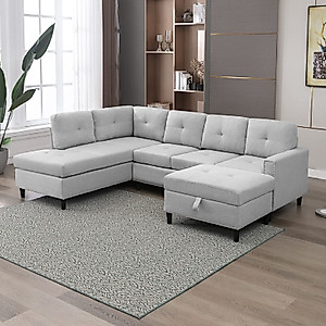 ZAFLY 101" Sectional Couch, L Shaped Sofa with Storage, Convertible Sofá 4-Seat with Reversible Chaise, Living Room Fabric Sofa Sets with Cup Holders -Light Gray