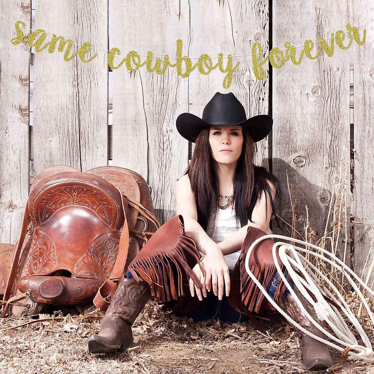 FAIUTA Same Cowboy Forever Banner, Country Western Bachelorette Glitter Banner,Bachelorette Party Decor (Gold)