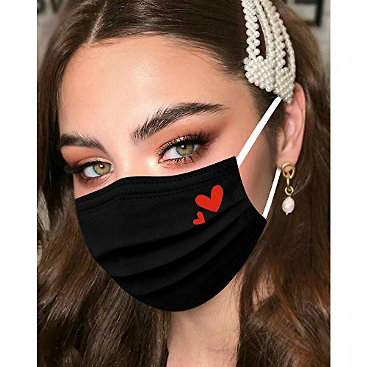 Mikilon, 50 Pcs Adults Black Disposable Face Masks for Women Men with Designs Printed Breathable Full Face Cover Protection 3 Ply (Red Heart), One Size