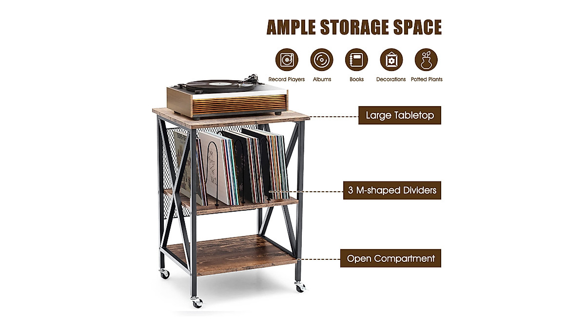 GOFLAME 3-Tier Record Player Stand with Lockable Wheels - Brown