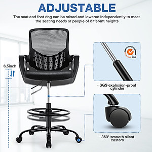 Drafting Chair, Ergonomic Tall Office Chair, Mid Back Mesh Standing Desk Chair with Adjustable Foot Ring and Armrest, Swivel Rolling Counter Height High Work Stool, Black
