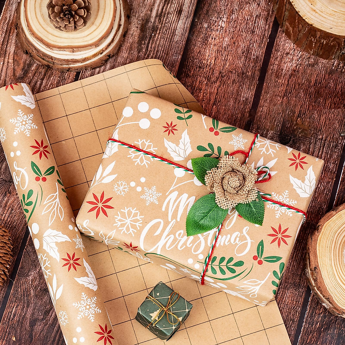 WRAPAHOLIC Kraft Christmas Wrapping Paper - Mini Roll - 17 Inch X 33 Feet - Merry Christmas Lettering with Christmas Leaves Design for Chrsitmas, Holiday, Party Celebration